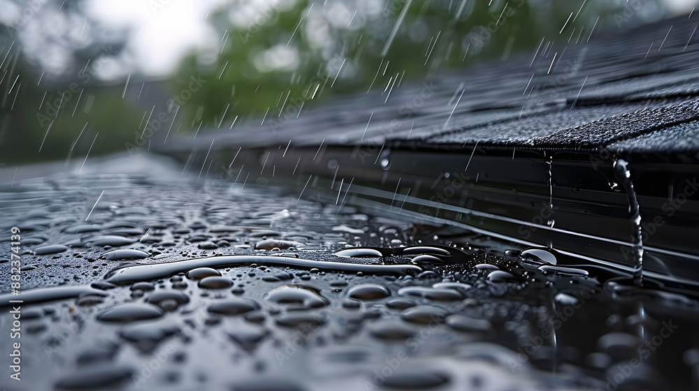 Rain falling on aluminum gutter and shingled roof close-up for drainage ...