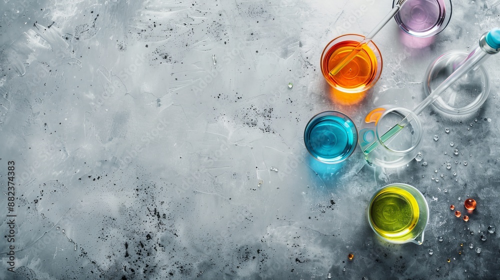 Top view of chemical laboratory glassware including beakers and flasks ...
