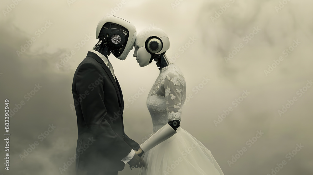 Two humanoid robots in wedding attire embrace in a futuristic setting ...