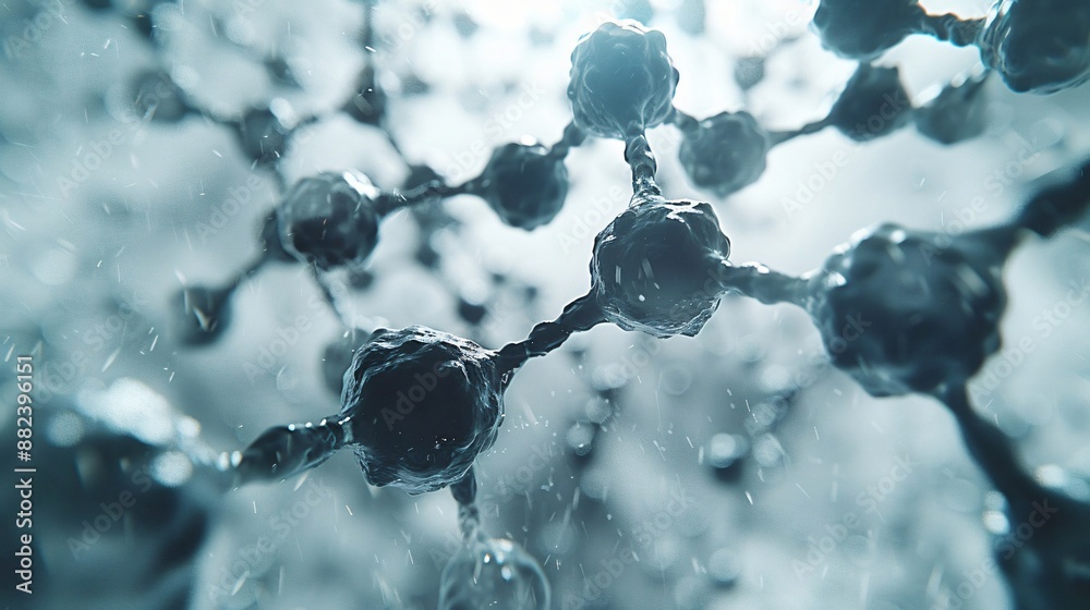 A close-up visualization of interconnected water molecules ...