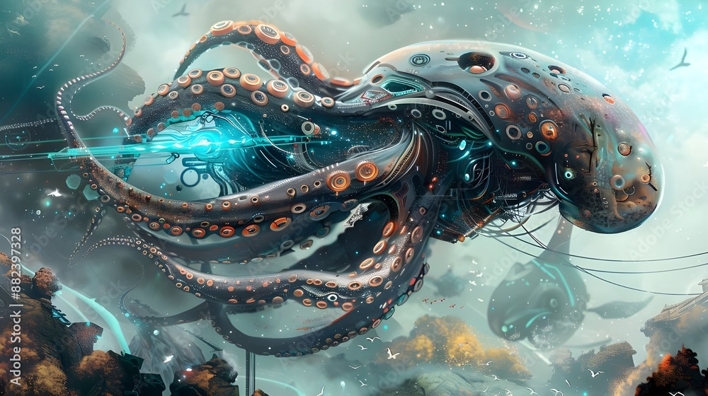 a side profile of a knewish cypher, hybrid octopus-starling-beetle ...