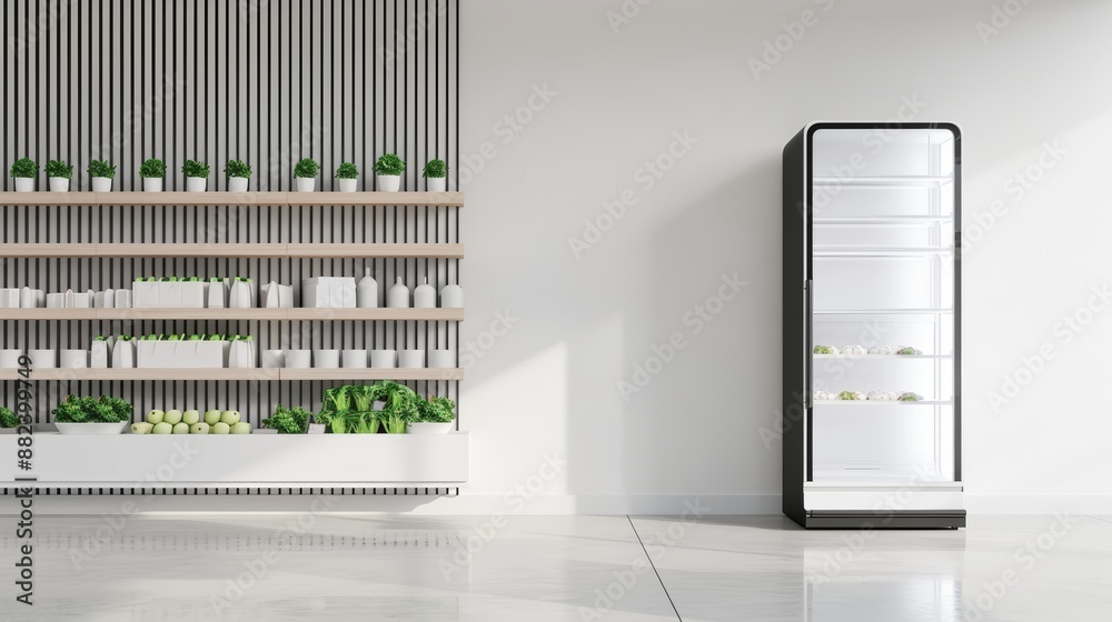 Empty retail store, prototype layout with clean lines, modern shelving ...