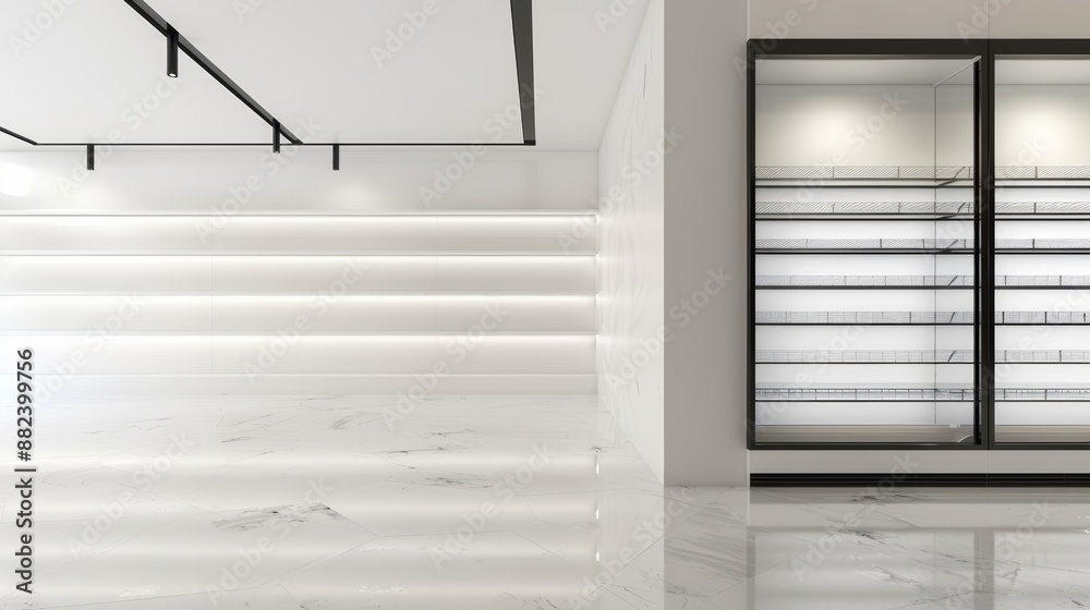 Empty retail store, prototype layout with clean lines, modern shelving ...