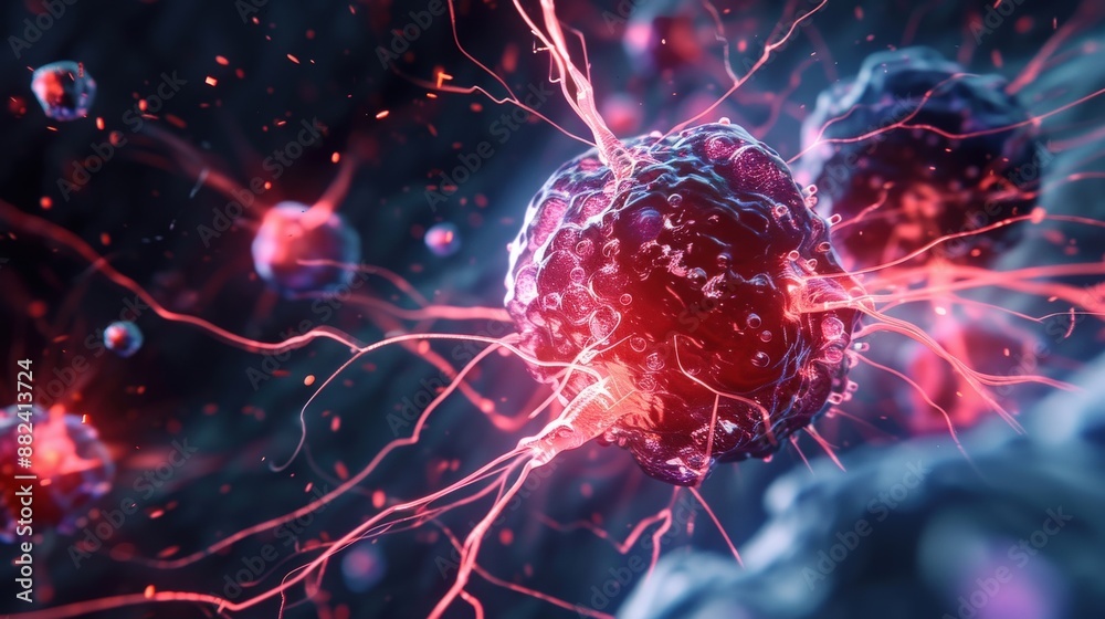 A close up of a red and blue nerve cell. The red and blue colors are ...