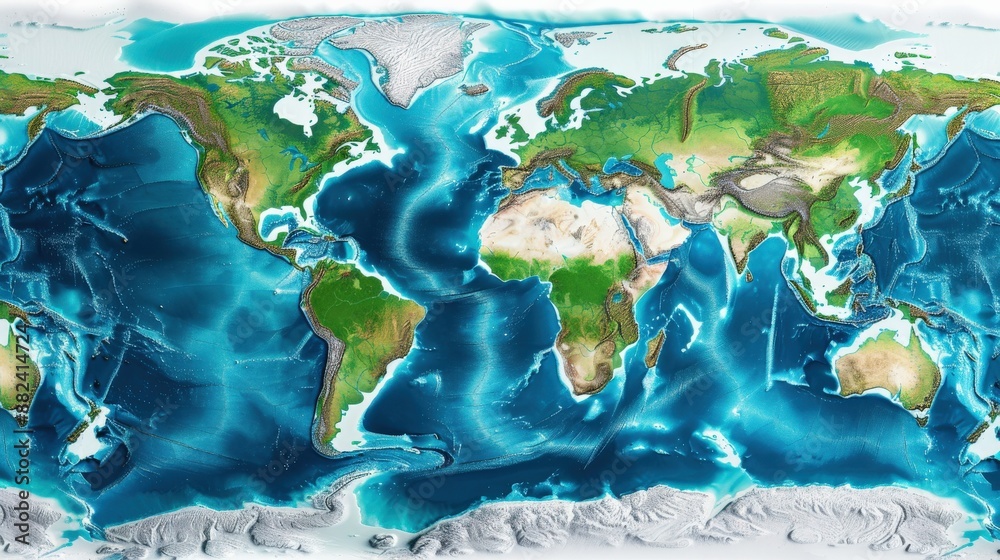 A large map of the world with mountains and oceans. The map is very ...
