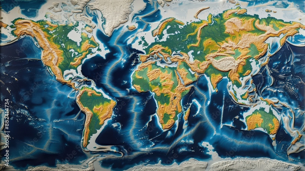 A large map of the world with mountains and oceans. The map is very ...
