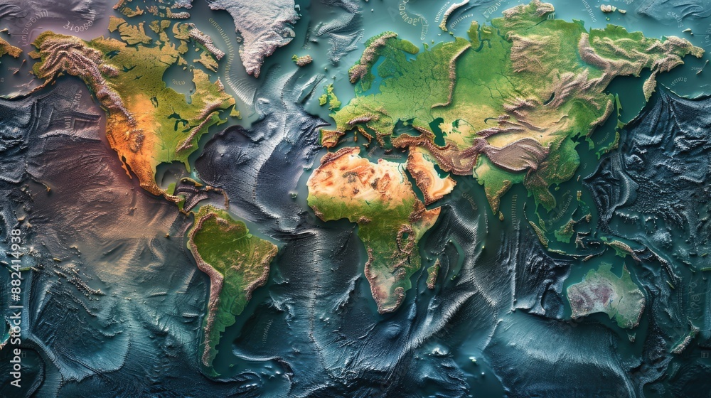 A large map of the world with mountains and oceans. The map is very ...