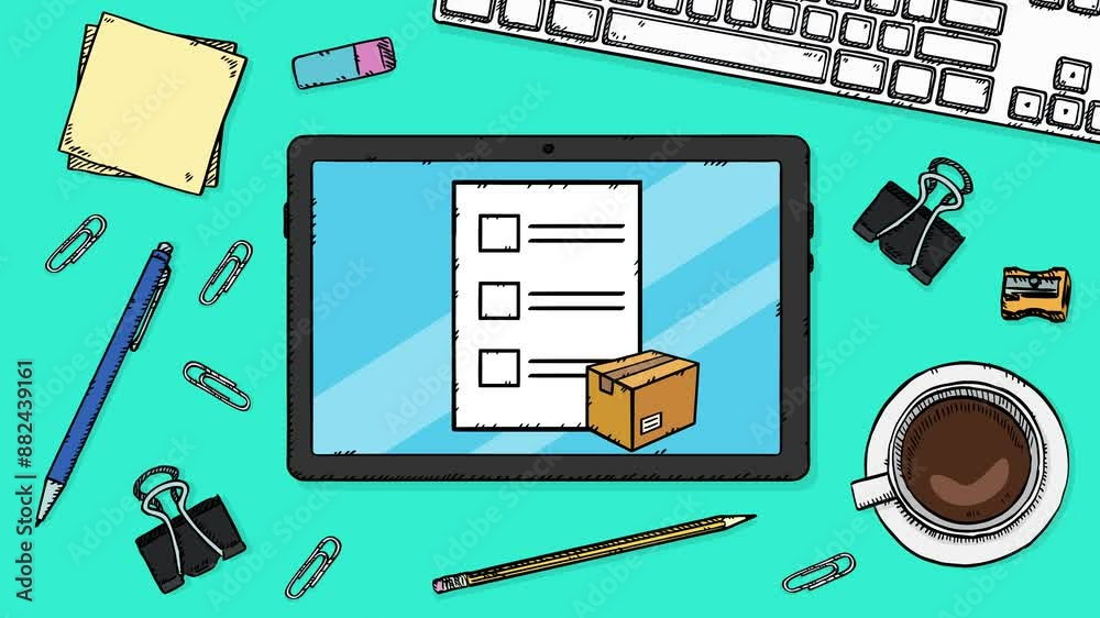 Cartoon style animation of a delivery checklist lying on a desk. The ...