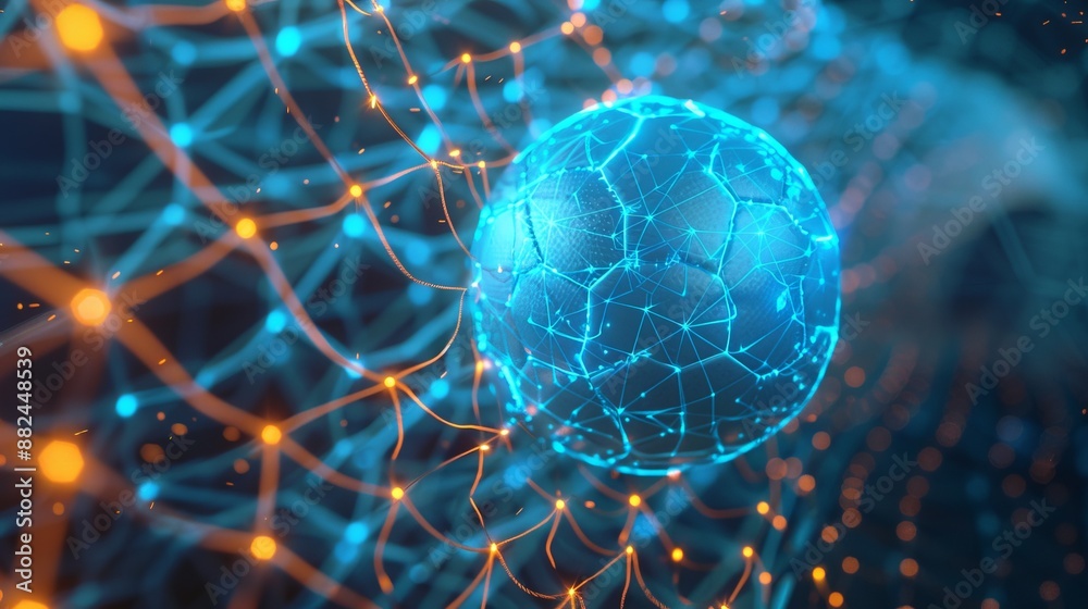 A glowing soccer ball embedded in a digital network mesh, representing ...