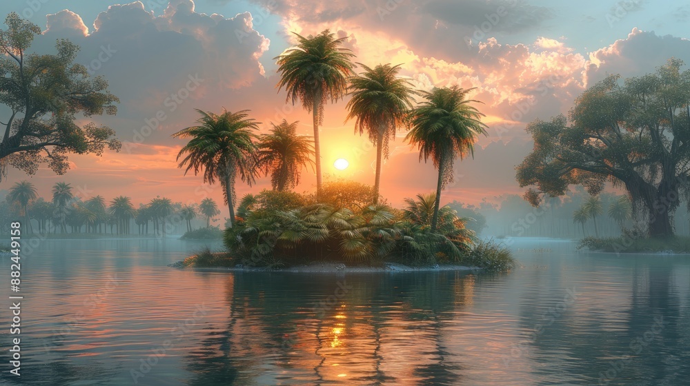 Tropical island with a palm tree at sunset. HDRI, environment map ...