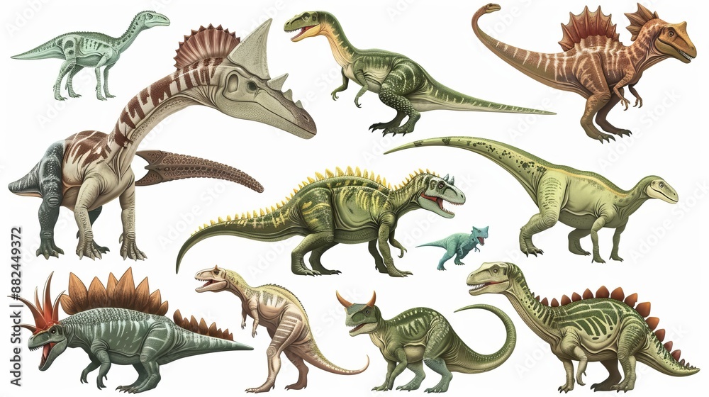This colorful image showcases diverse illustrated dinosaurs, each with ...