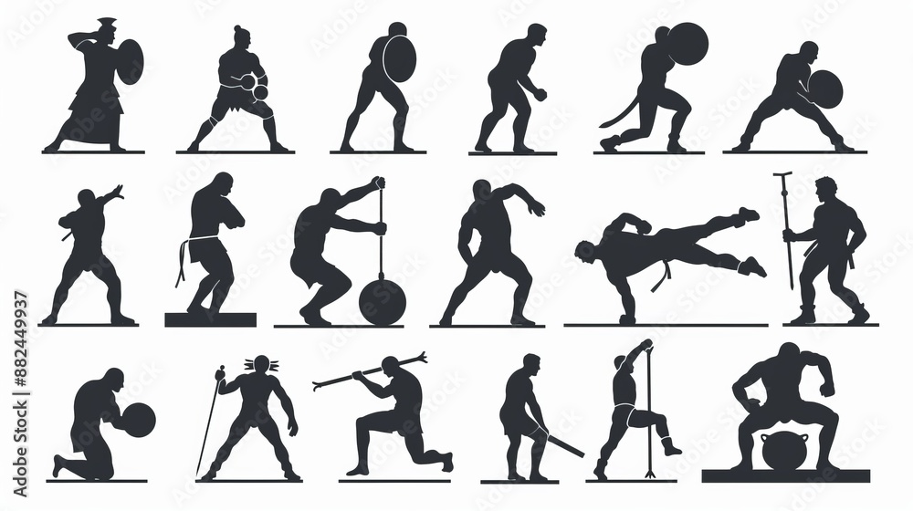 Set of 16 ancient warriors depicted in various fighting stances, each ...