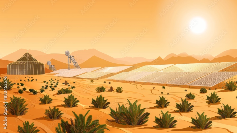 A visionary image of a high-tech desert research station with solar ...