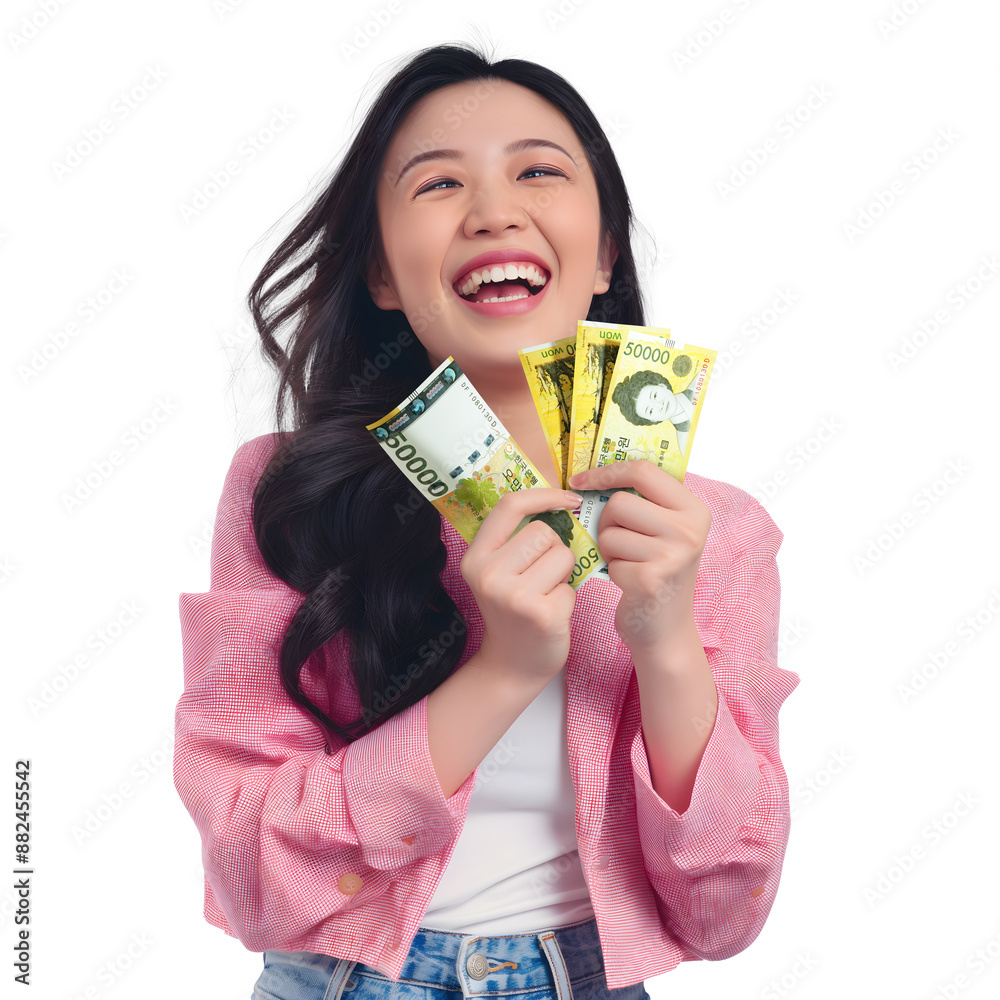 Beautiful Happy Young Asian woman holding and showing korean yen notes ...