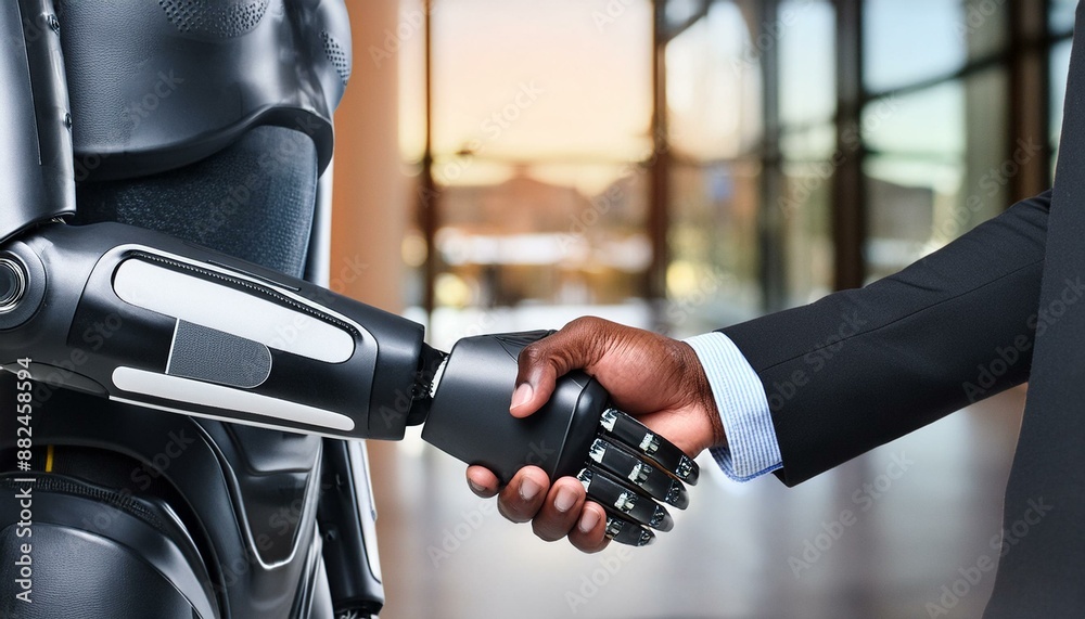 Human and artificial intelligence robot in a handshake to collaborate ...