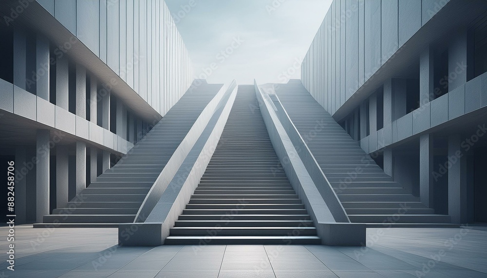 Modern staircase in concrete space. Long concrete stair way to majestic ...