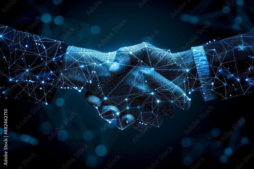 Professional handshakes with digital network coverage represent ...
