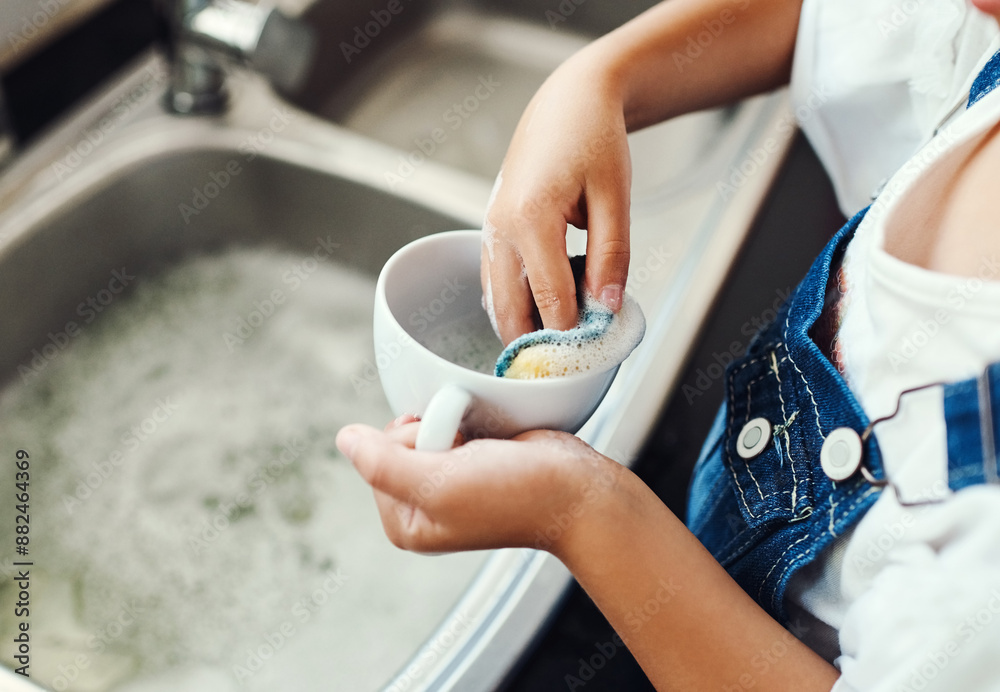 Girl, hands and learning to wash dishes in kitchen, sanitary and ...