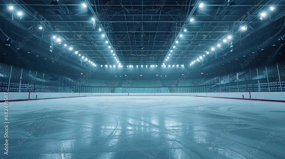 A modern, illuminated ice hockey rink with a spacious, empty design ...