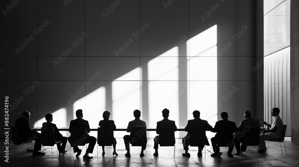 This image depicts a group of silhouetted figures sitting at a long ...