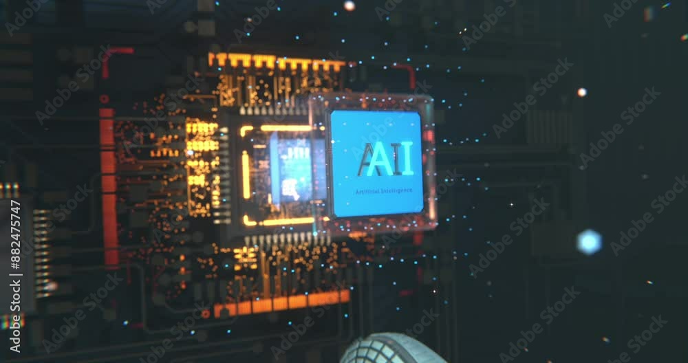 Robot assembling AI cpu chip into circuitboard, Robot replacing cpu micro chip with AI neural ...