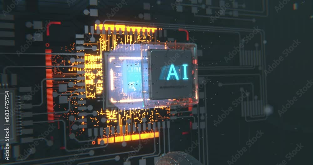 Robot assembling AI cpu chip into circuitboard, Robot replacing cpu micro chip with AI neural ...