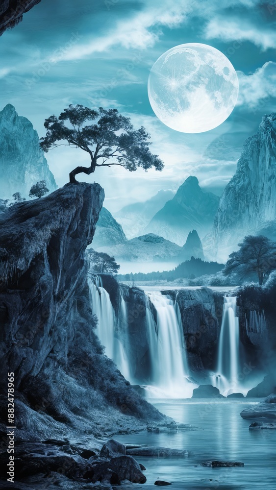Mystical Full Moon over Majestic Waterfall and Rocky Cliff Landscape ...