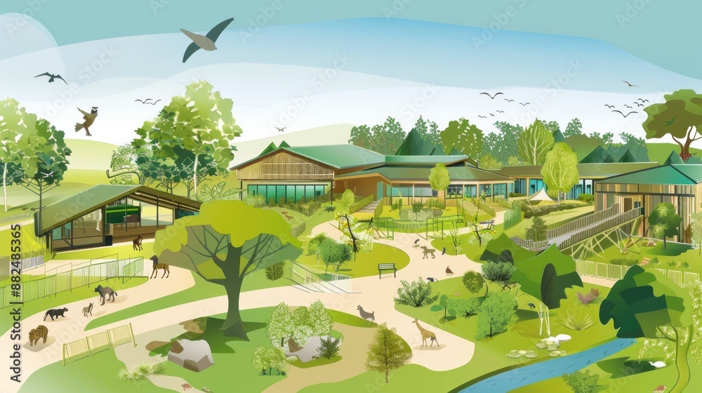 An artistic rendering of a green wildlife rehabilitation center with ...