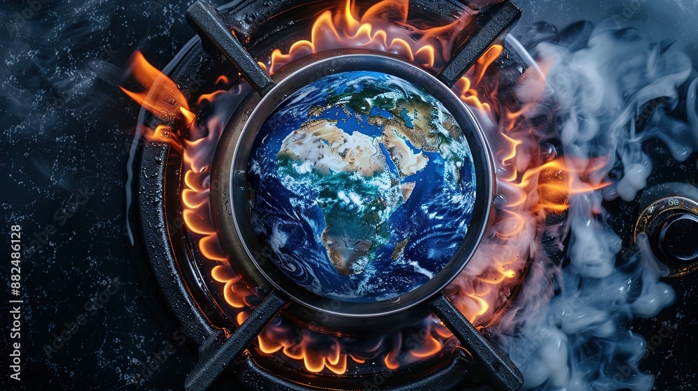 Earth globe of the planet boiling in hot water of a pan on the fire of ...