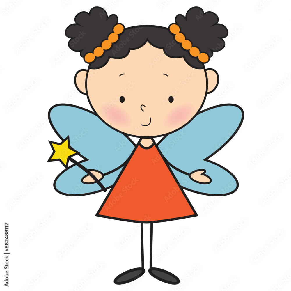 Cute stick figure garden fairy with magic wand vector cartoon ...