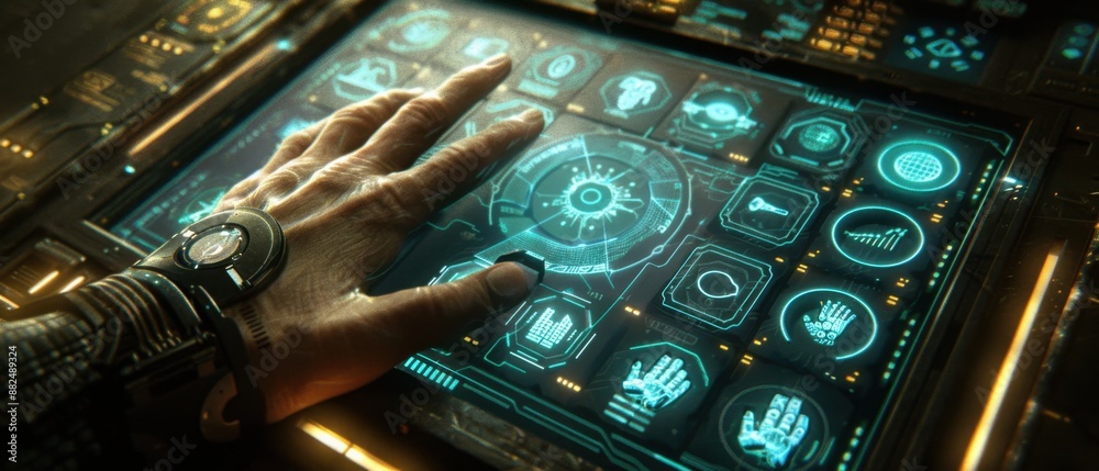 Futuristic touchscreen interface with a hand interacting, displaying ...