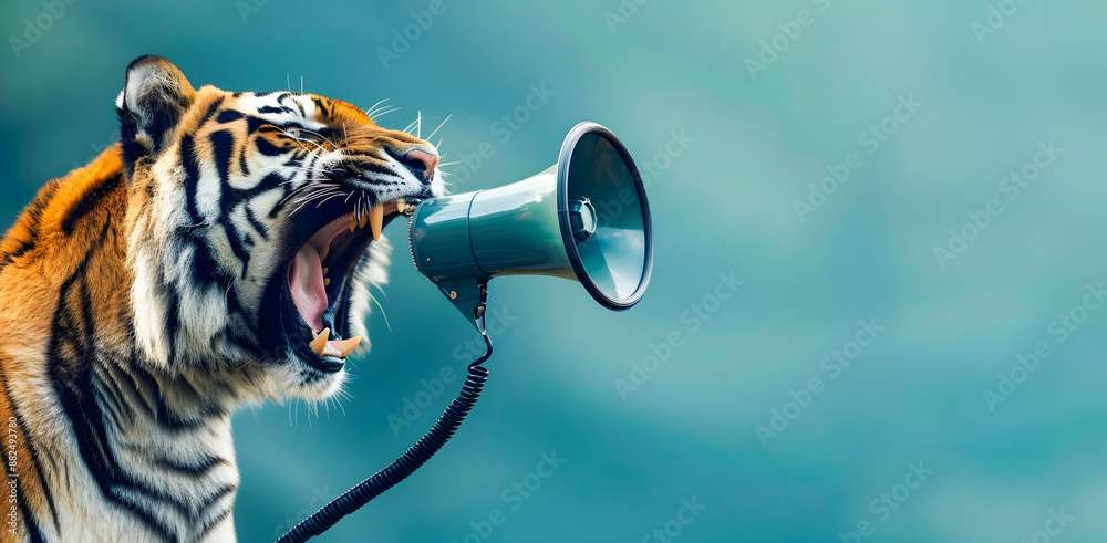 Powerful image of a fierce tiger roaring loudly into a megaphone ...