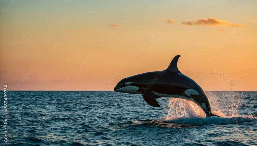 A black and white orca leaps from the ocean, creating a splash of water ...