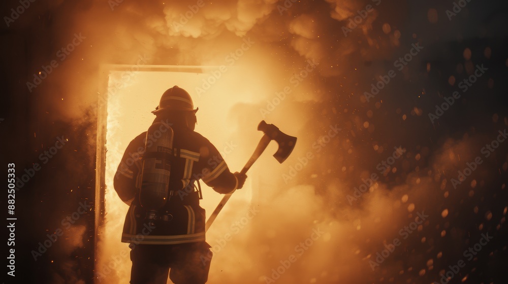 A firefighter enters a burning building with an axe amidst thick smoke ...