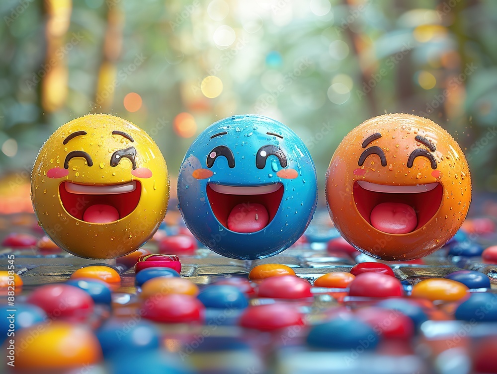 Colorful 3D Smiley Faces Floating in Water, Vibrant Happy Emojis with ...