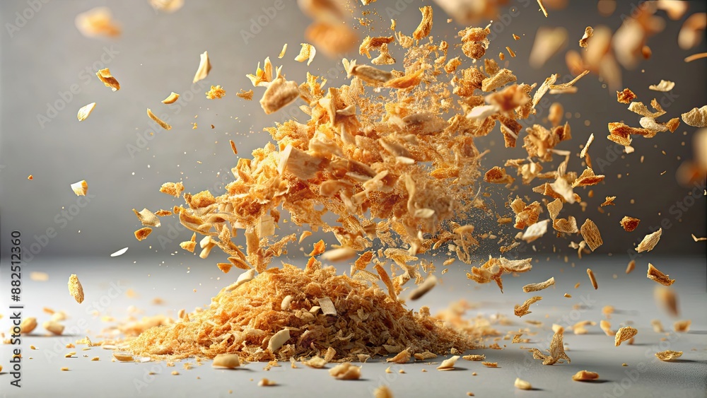 Golden toasted coconut flakes floating mid-air on a neutral backdrop ...