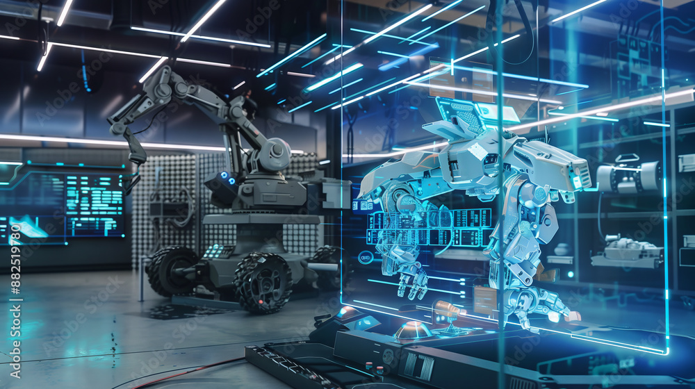 An advanced military robotics laboratory with sophisticated robotic ...