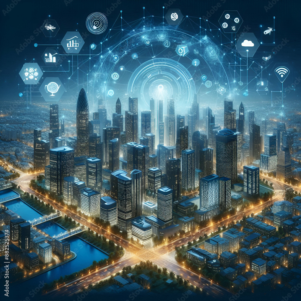 Foto de Dark blue background with a smart metropolis with linked ...