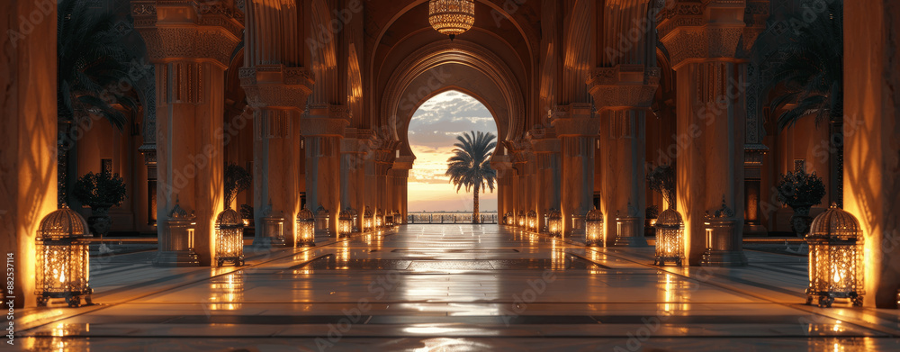 Luxurious Arabian Palace Corridor with Lanterns and Evening Lighting ...