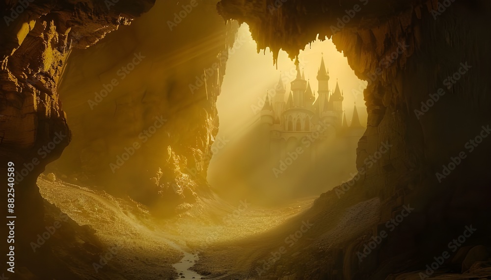 Fantasy landscape with a fantasy castle in a cave Stock Illustration ...