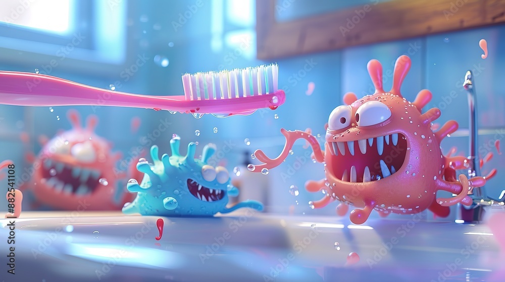 Toothbrush colonized by fun and whimsical bacteria. Colorful scene with ...