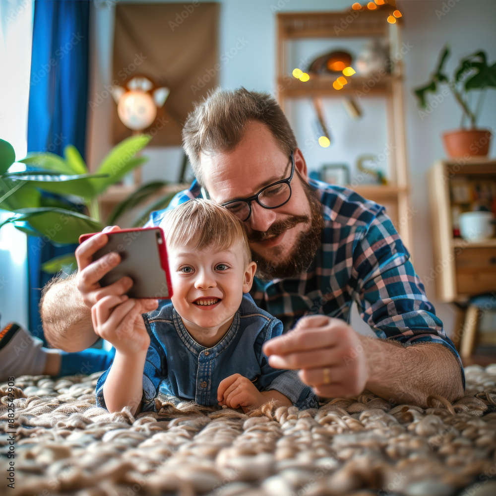 Little boy making selfie on smartphone with father, lying on floor in ...