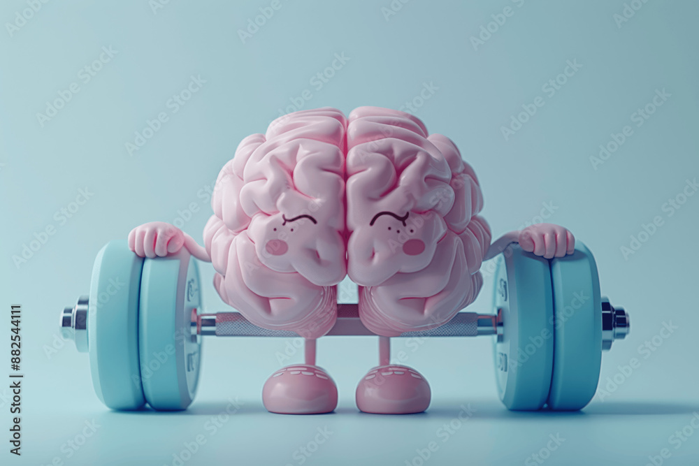 Cartoon brain lifting weights in gym, concept of mental fitness and ...