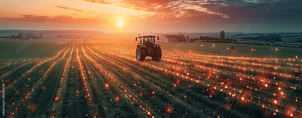 tractor with digital data overlay in a green farm field at sunrise ...