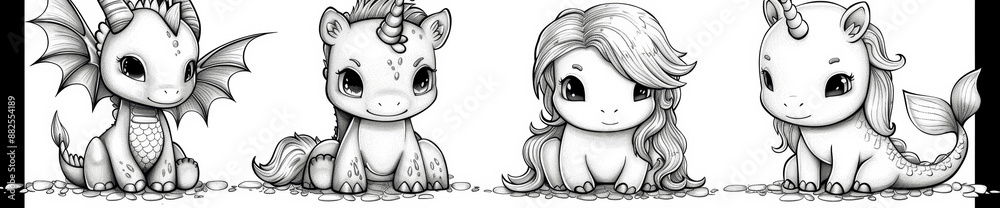 Magic Fantasy Creatures Coloring Page for Kids - Cute Unicorn, Dragon ...