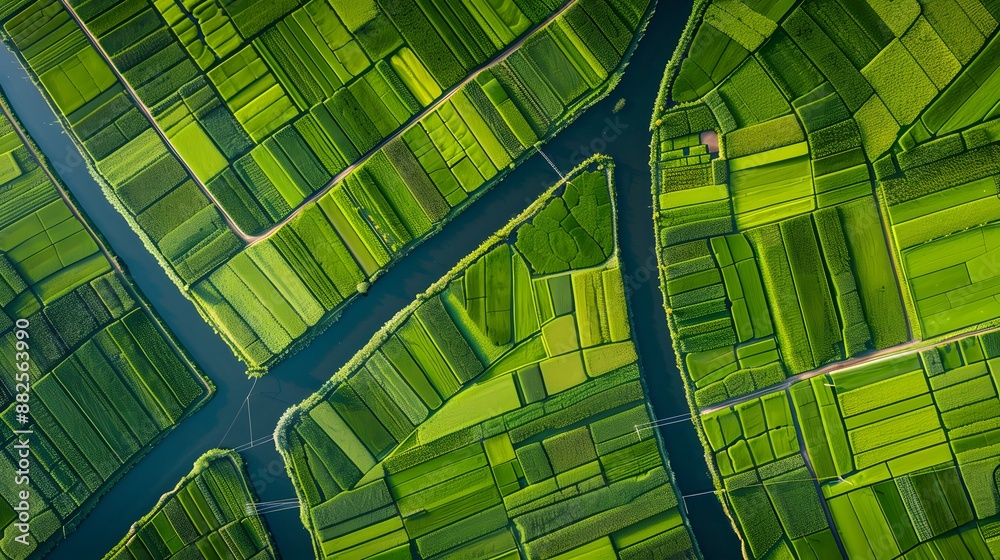 The top-down view captures the geometric patterns of green agricultural ...