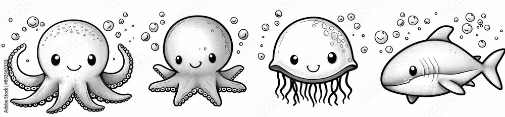 Cute Sea Animals Coloring Pages for Kids - Octopus, Jellyfish, Starfish ...