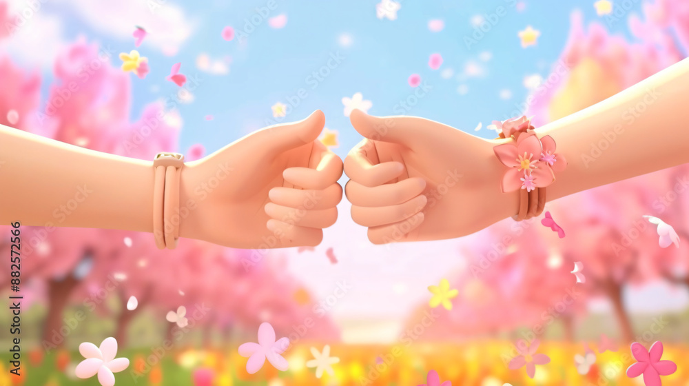 Two hands making a pinky promise in front of a pastel pink and blue ...