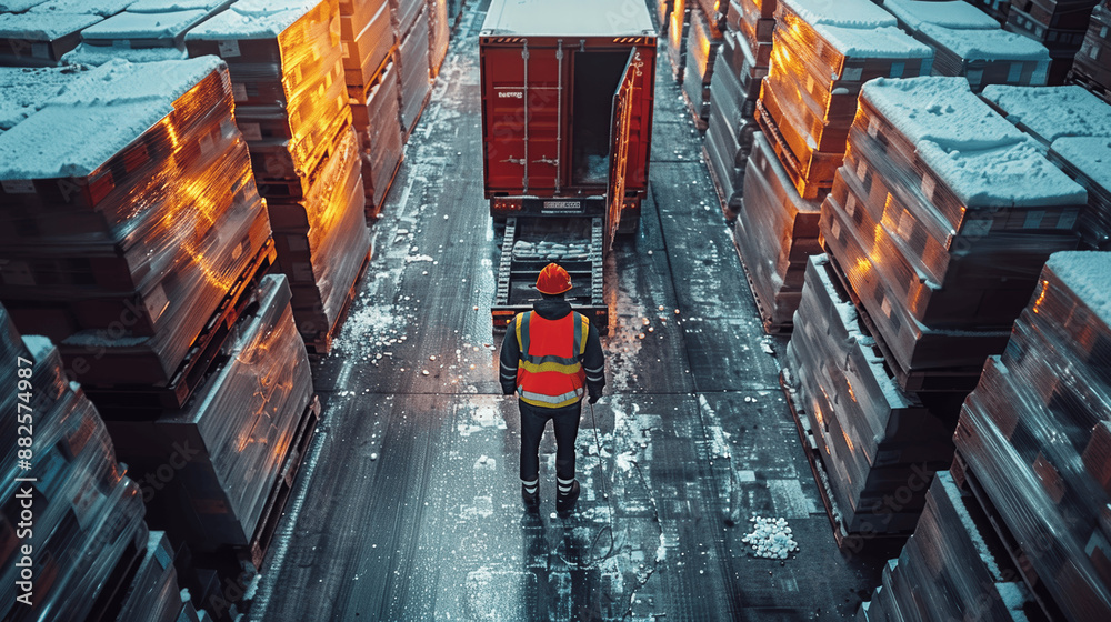 Refrigerated Cargo Unloading in Warehouse with Safety Vest Worker and ...