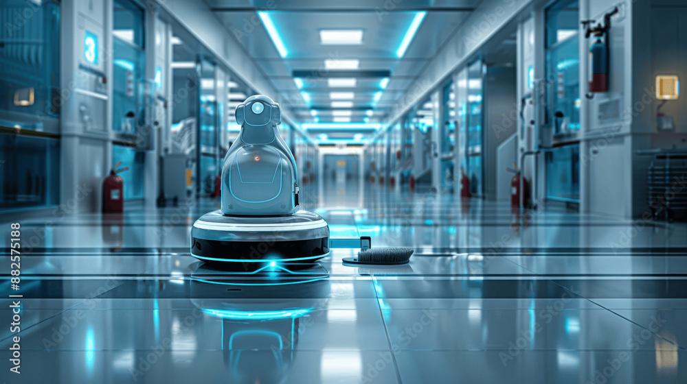 Futuristic Cleaning Robot with Brush in Hospital Hallway Bright ...